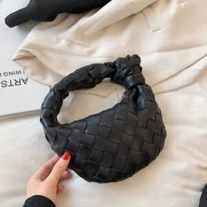 Women Handbag Leather Shoulder Bag Retro Woven Handmade Hobo Clutch Bag Fashion Mini Retro Hobo Tote Handbag Clutch Purse (Black)