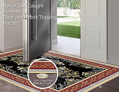 Cosilyt 1/10" Ultra Thin Extra Large 3×5 Feet and 24"×35" Front Door Mat Indoor Entryway Area Rug for Inside Entry, Waterproof Non Slip Washable Rubber Interior Door Mats Entrance Home, Boho Red