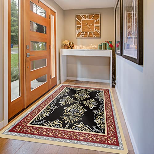 Cosilyt 1/10" Ultra Thin Extra Large 3×5 Feet and 24"×35" Front Door Mat Indoor Entryway Area Rug for Inside Entry, Waterproof Non Slip Washable Rubber Interior Door Mats Entrance Home, Boho Red