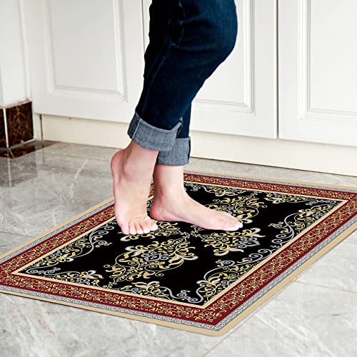 Cosilyt 1/10" Ultra Thin Extra Large 3×5 Feet and 24"×35" Front Door Mat Indoor Entryway Area Rug for Inside Entry, Waterproof Non Slip Washable Rubber Interior Door Mats Entrance Home, Boho Red