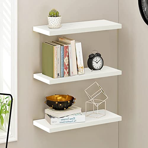 YARUKIMA White Floating Shelves Wall Mounted Set of 3,Wood Storage Shlef for Wall,Space Saving Wall Shelf for Bathroom Bedroom Kitchen Storage Rack with Invisible Brackets.