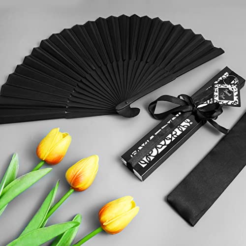 Jeyeou 4 Pack Silk Folding Fan,Handheld Fans Hand Held Bamboo Silk Folding Fan Hand Fan Chinese Vintage Retro Fabric Fans Black Hand Fan Silk Folding Fans for Performance,Wedding, Party & Gift