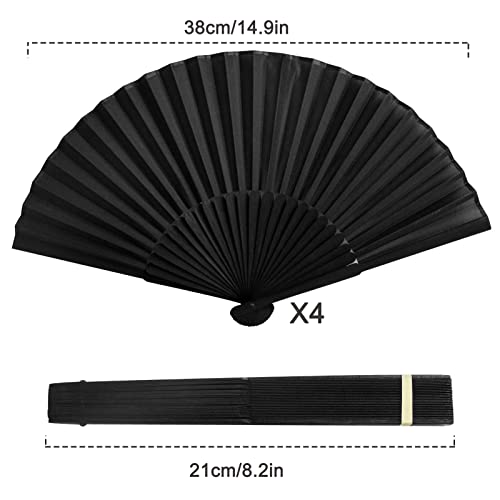 Jeyeou 4 Pack Silk Folding Fan,Handheld Fans Hand Held Bamboo Silk Folding Fan Hand Fan Chinese Vintage Retro Fabric Fans Black Hand Fan Silk Folding Fans for Performance,Wedding, Party & Gift