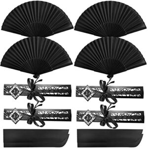 Jeyeou 4 Pack Silk Folding Fan,Handheld Fans Hand Held Bamboo Silk Folding Fan Hand Fan Chinese Vintage Retro Fabric Fans Black Hand Fan Silk Folding Fans for Performance,Wedding, Party & Gift