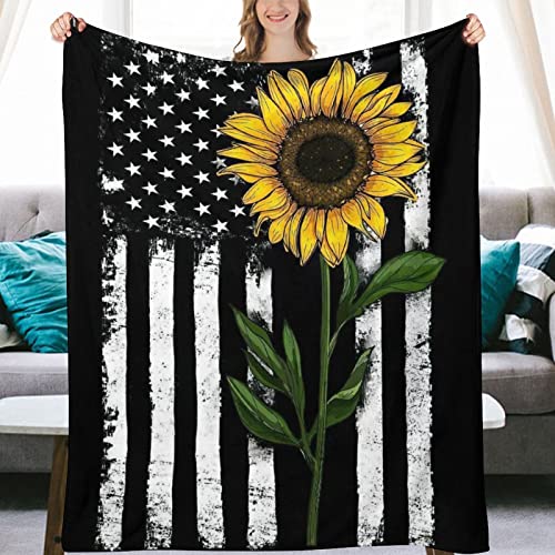 Moveise American Flag Flannel Throw Blankets Vintage USA Flag Sunflower Fuzzy Blankets Warm Lightweight Bed Throws 56"x45" Inches