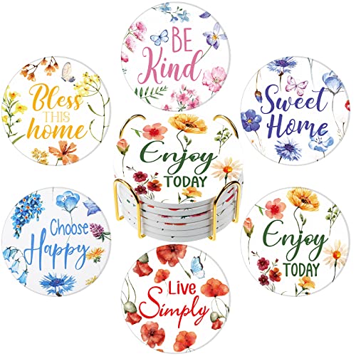 Ceramic Coasters with Holder, Sets of 6 Floral Coasters, Wildflower Ceramic Drink Coaster, Suitable for Kinds of Cups, Wooden Table Decoration, Spring Summer Home Decor, Tabletop Protection 4 Inches