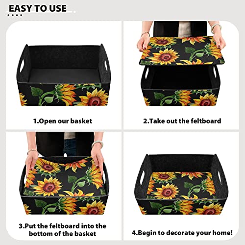 NFMILI Fabric Storage Cube Sunflowers Painting Decorative Foldable Storage Basket Organizer with Handles Rectangle Thick for Multi Use 13.7×10.2×5.1 Inch