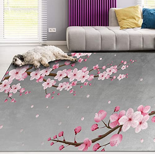 Oueoty Japanese Cherry Blossom Flower on Gray Area Rug Rugs for Living Room Bedroom 5x7ft