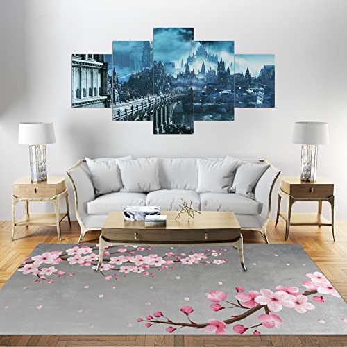 Oueoty Japanese Cherry Blossom Flower on Gray Area Rug Rugs for Living Room Bedroom 5x7ft