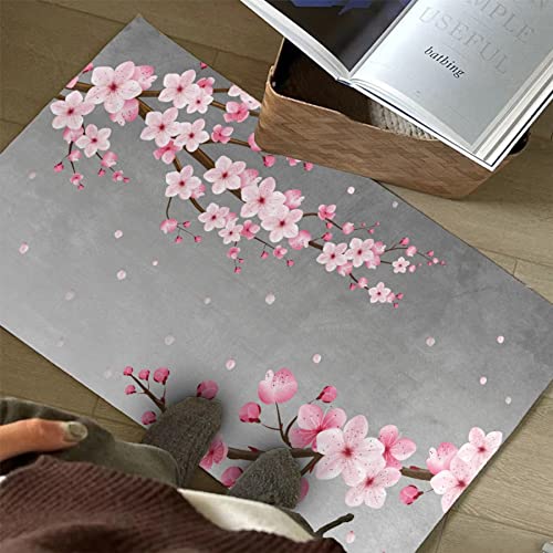 Oueoty Japanese Cherry Blossom Flower on Gray Area Rug Rugs for Living Room Bedroom 5x7ft