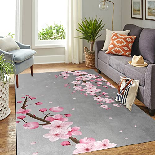 Oueoty Japanese Cherry Blossom Flower on Gray Area Rug Rugs for Living Room Bedroom 5x7ft