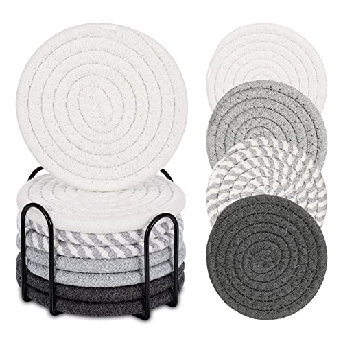 XINRUI Coasters for Drinks, Absorbent Drink Coasters 8 Pcs Cotton Handmade Braided Drink Coasters with Holder 4.3inch Minimalist Boho Round Woven Coasters for Farmhouse Table Protection