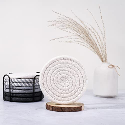 XINRUI Coasters for Drinks, Absorbent Drink Coasters 8 Pcs Cotton Handmade Braided Drink Coasters with Holder 4.3inch Minimalist Boho Round Woven Coasters for Farmhouse Table Protection