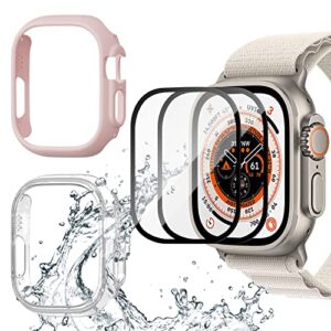 [2+2 Pack] BHARVEST for Apple Watch Ultra 49mm Screen Protector and Case, 2 Packs Hard PC Frame Cover with 2 Sets Tempered Glass Screen Protector for Apple Watch Ultra 49mm, Pink+Clear