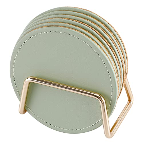 Coaster Set of 6 with Metal Holder Leather Coasters Cup Coaster for Coffee Table Absorbent Coaster Housewarming Gift for Tabletop Protection Home Decor (Green)