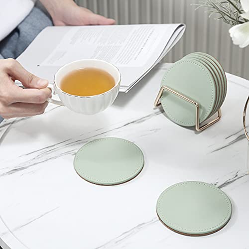 Coaster Set of 6 with Metal Holder Leather Coasters Cup Coaster for Coffee Table Absorbent Coaster Housewarming Gift for Tabletop Protection Home Decor (Green)