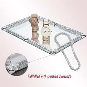 HMRCYTE Crystal Glass Mirror Tray, 11.8" x 7.9" Crushed Diamond Silver Perfume Makeup Display Tray, Noble Jewelry Trinket Vanity Tray, Ornate Rectangular Cosmetics Dresser Tray for Home Decor