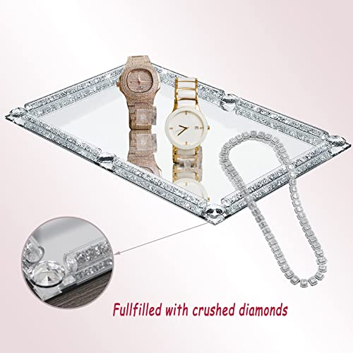 HMRCYTE Crystal Glass Mirror Tray, 11.8" x 7.9" Crushed Diamond Silver Perfume Makeup Display Tray, Noble Jewelry Trinket Vanity Tray, Ornate Rectangular Cosmetics Dresser Tray for Home Decor