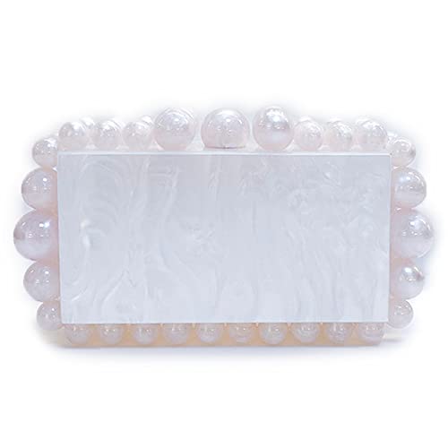 Rejolly Acrylic Clutch Purse for Women Beads Square Box Marbling Pearly Bauble Evening Handbag for Wedding Cocktail Party Prom Pearl White