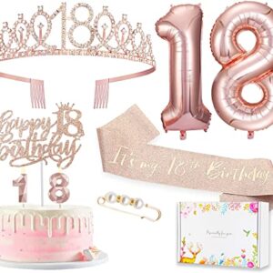 8pcs 18th birthday decorations for girls, Including 18th Happy Birthday Cake Toppers, Birthday Queen Sash with Pearl Pin, Sweet Rhinestone Tiara Crown, Number Candles and Balloons Set, Rose Gold