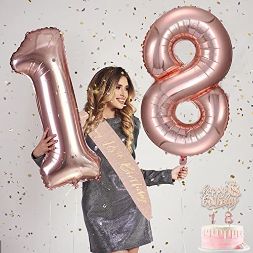 8pcs 18th birthday decorations for girls, Including 18th Happy Birthday Cake Toppers, Birthday Queen Sash with Pearl Pin, Sweet Rhinestone Tiara Crown, Number Candles and Balloons Set, Rose Gold