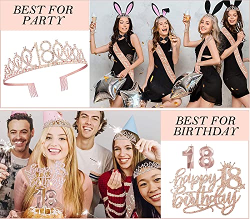 8pcs 18th birthday decorations for girls, Including 18th Happy Birthday Cake Toppers, Birthday Queen Sash with Pearl Pin, Sweet Rhinestone Tiara Crown, Number Candles and Balloons Set, Rose Gold