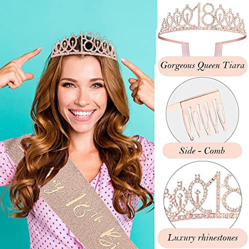 8pcs 18th birthday decorations for girls, Including 18th Happy Birthday Cake Toppers, Birthday Queen Sash with Pearl Pin, Sweet Rhinestone Tiara Crown, Number Candles and Balloons Set, Rose Gold