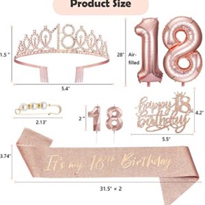 8pcs 18th birthday decorations for girls, Including 18th Happy Birthday Cake Toppers, Birthday Queen Sash with Pearl Pin, Sweet Rhinestone Tiara Crown, Number Candles and Balloons Set, Rose Gold