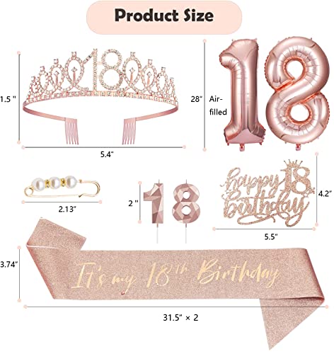 8pcs 18th birthday decorations for girls, Including 18th Happy Birthday Cake Toppers, Birthday Queen Sash with Pearl Pin, Sweet Rhinestone Tiara Crown, Number Candles and Balloons Set, Rose Gold