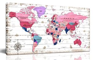 zhaoshop pink pictures wall-decor – world map canvas wall art for bedroom girls – wall pictures for living room decor ready to hang size 40″ x 20″