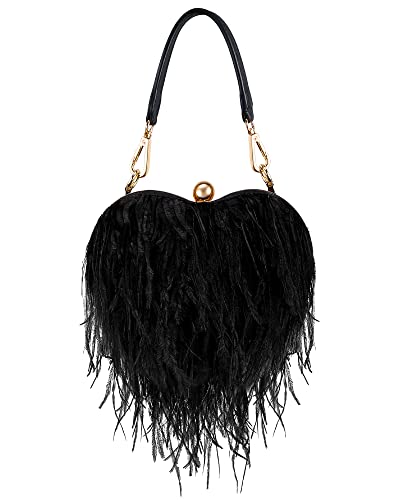 Women Ostrich Feather Tote Bag Heart Shaped Fluffy Purse Clutch Feather Purse Feather Evening Handbag for Wedding Party(Black)