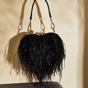 Women Ostrich Feather Tote Bag Heart Shaped Fluffy Purse Clutch Feather Purse Feather Evening Handbag for Wedding Party(Black)