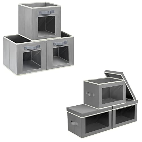 Homsorout Storage Cubes, Storage Bins with Lids and Window, Foldable Closet Storage Baskets with Handle for Clothes, Books, Home, Office, Set of 6, Grey