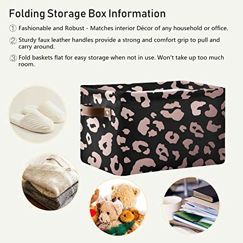 Gougeta Foldable Storage Basket with Handle, Rose Gold Leopard Print Animal Cheetah Rectangular Canvas Organizer Bins for Home Office Closet Clothes Toys 1 Pack