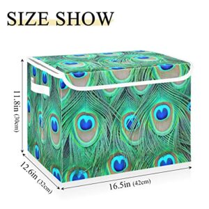 WELLDAY Peacock Feather Storage Baskets Foldable Cube Storage Bin with Lids and Handle, 16.5x12.6x11.8 In Storage Boxes for Toys, Shelves, Closet, Bedroom, Nursery