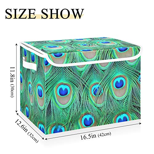 WELLDAY Peacock Feather Storage Baskets Foldable Cube Storage Bin with Lids and Handle, 16.5x12.6x11.8 In Storage Boxes for Toys, Shelves, Closet, Bedroom, Nursery