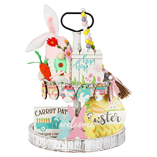 17PCS Easter Tiered Tray Decor Bunny Gnome DIY Wooden Signs Decor With Cute Beads For Home House Room Table Shelf Easter Decorations (Easter)