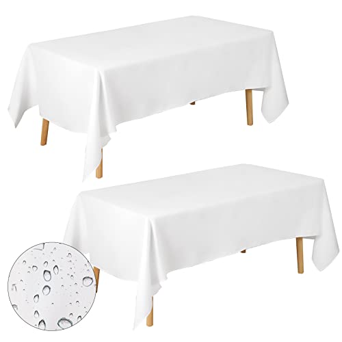 White Tablecloth 2pcs 60x102, Waterproof Table Cloth for 6 Feet Rectangle Tables, Wrinkle Resistant Washable Decorative Fabric Table Cover for Dining Table, Party and Outdoor Use