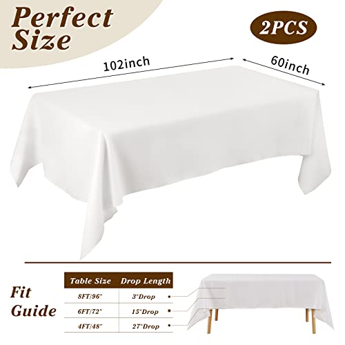 White Tablecloth 2pcs 60x102, Waterproof Table Cloth for 6 Feet Rectangle Tables, Wrinkle Resistant Washable Decorative Fabric Table Cover for Dining Table, Party and Outdoor Use