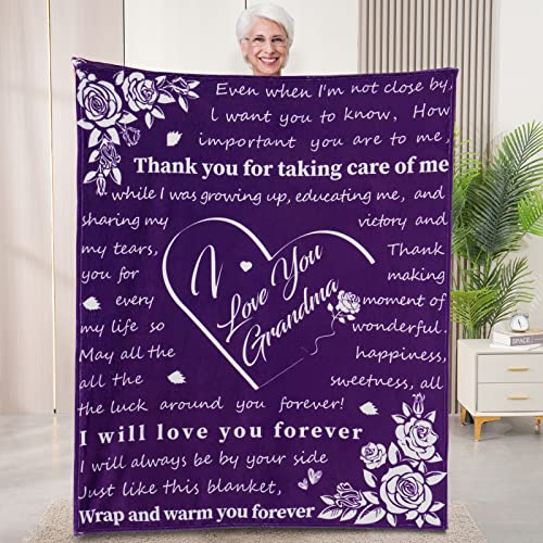 Gifts for Grandma, Birthday Gifts for Grandma, I Love You Grandma Gift Blanket, with Printed Blanket, Unique Grandma Gift from Granddaughter or Grandson, Thanksgiving, Christmas (Purple)