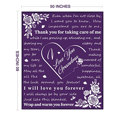 Gifts for Grandma, Birthday Gifts for Grandma, I Love You Grandma Gift Blanket, with Printed Blanket, Unique Grandma Gift from Granddaughter or Grandson, Thanksgiving, Christmas (Purple)