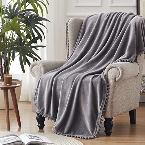 HARBOREST Fleece Bed Blanket with Pompom Fringe Queen Size Dark Grey Blanket,Lightweight Breathable All Season Blanket for Bed, Couch, Travel,90"x90"