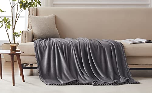 HARBOREST Fleece Bed Blanket with Pompom Fringe Queen Size Dark Grey Blanket,Lightweight Breathable All Season Blanket for Bed, Couch, Travel,90"x90"