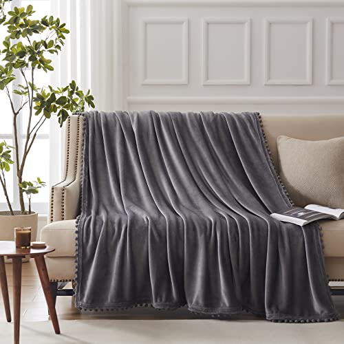 HARBOREST Fleece Bed Blanket with Pompom Fringe Queen Size Dark Grey Blanket,Lightweight Breathable All Season Blanket for Bed, Couch, Travel,90"x90"