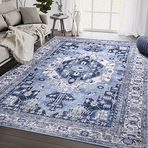 Abani Rectangular Area Rugs 6'x9', Blue Beige Polypropylene Large Rugs, Stain Resistant, Machine Washable and Non-Shedding Vintage Style Rugs