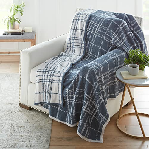 Crafted by Catherine Quinn Plaid Cozy Knit Throw Blanket 60" x 70" Inches, Soft Comfy Decorative Throw for Couch Bed Sofa Travel, Blue