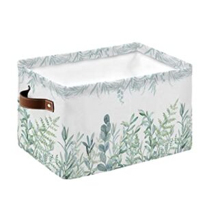 ARTtikke Storage Bins Clothes Organizer Sage Green Blue Leaves Spring Storage Cubes Bin with Handles,Foldable Storage Boxes for Closet,Storage Basket for Organizing Shelves 15x11x9.5 inch