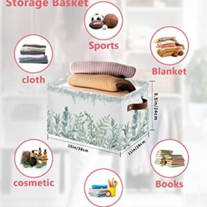 ARTtikke Storage Bins Clothes Organizer Sage Green Blue Leaves Spring Storage Cubes Bin with Handles,Foldable Storage Boxes for Closet,Storage Basket for Organizing Shelves 15x11x9.5 inch