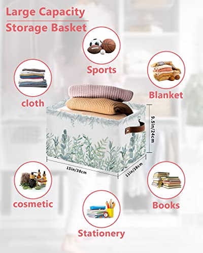 ARTtikke Storage Bins Clothes Organizer Sage Green Blue Leaves Spring Storage Cubes Bin with Handles,Foldable Storage Boxes for Closet,Storage Basket for Organizing Shelves 15x11x9.5 inch