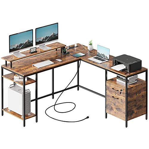 SUPERJARE Reversible Computer Desk with Power Outlets & File Cabinet, L Shaped Desk with Monitor Stand & Storage Shelves, Corner Desk Home Office Desk, Rustic Brown